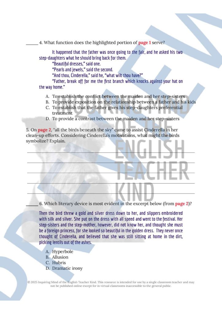 "Cinderella" Close Reading Analysis Worksheet and Emergency Sub Plans ...