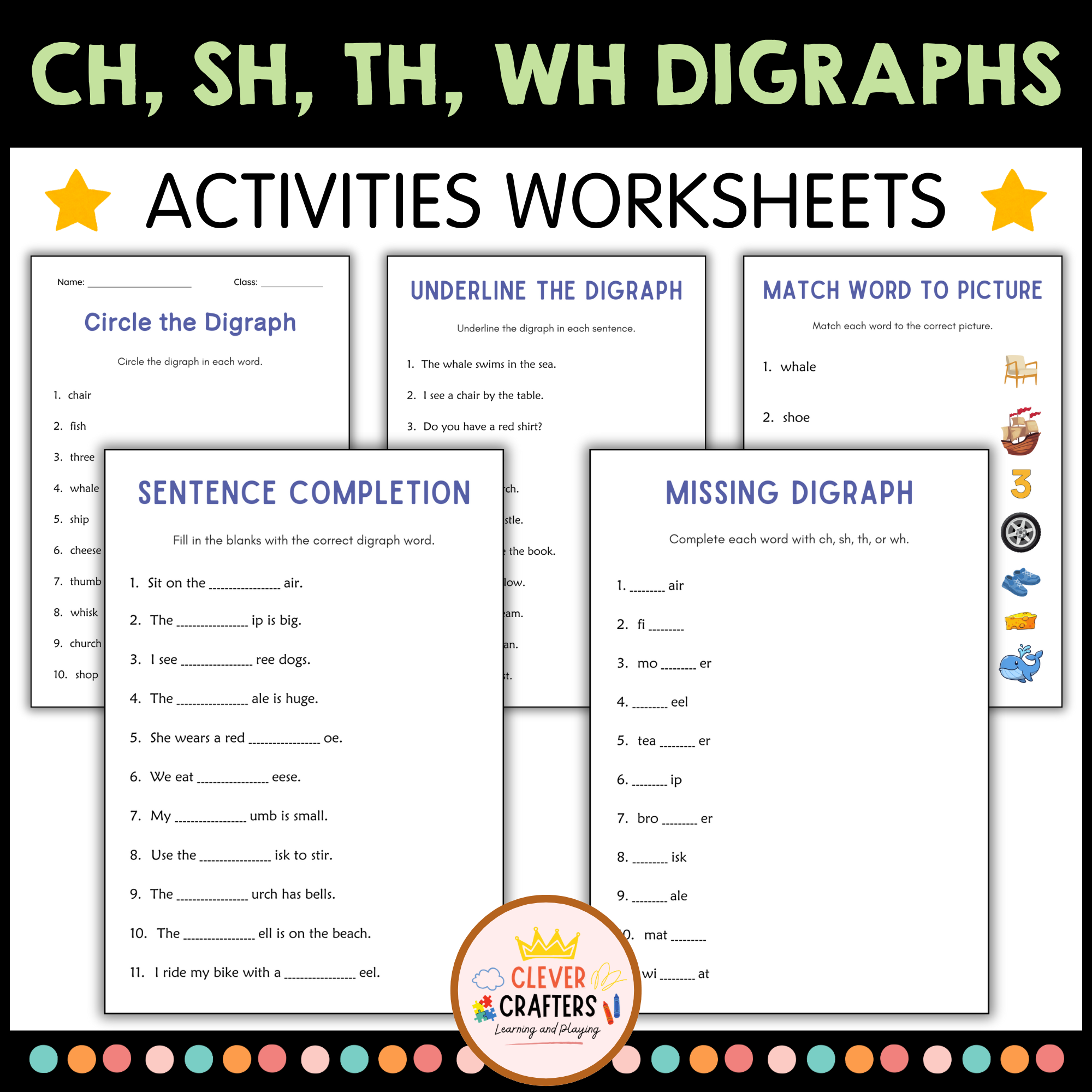 CH, SH, TH, WH Consonant Digraphs worksheets - Beginning and Ending ...