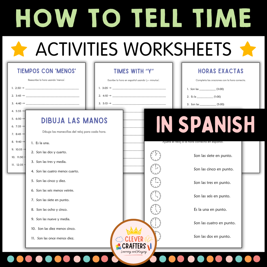 How to Tell Time Practice Activities Worksheets in Spanish - Cómo Decir ...