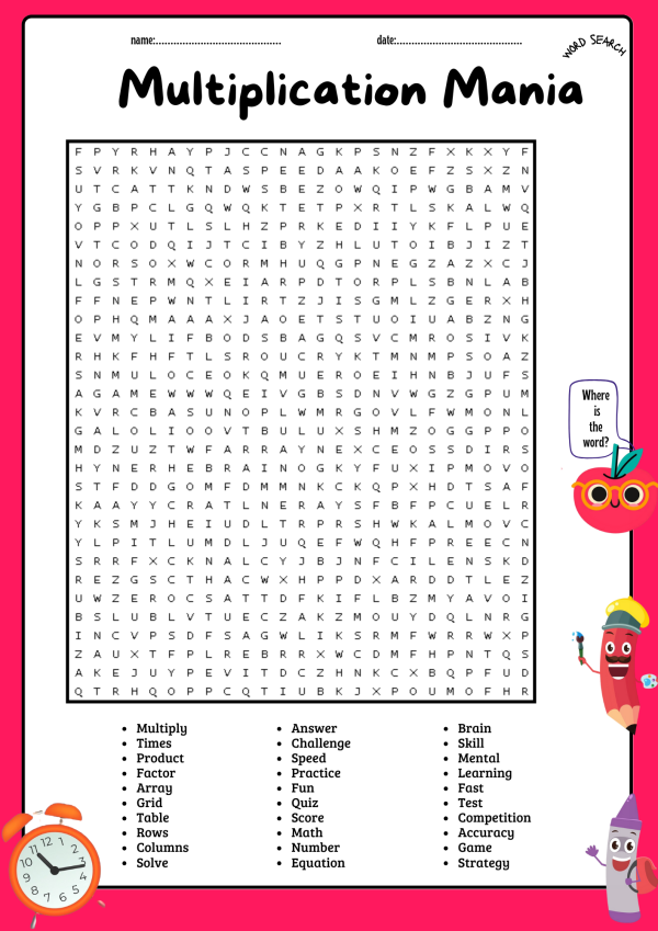 Multiplication Mania Word Search Puzzle Worksheet + Answer Key | Made ...
