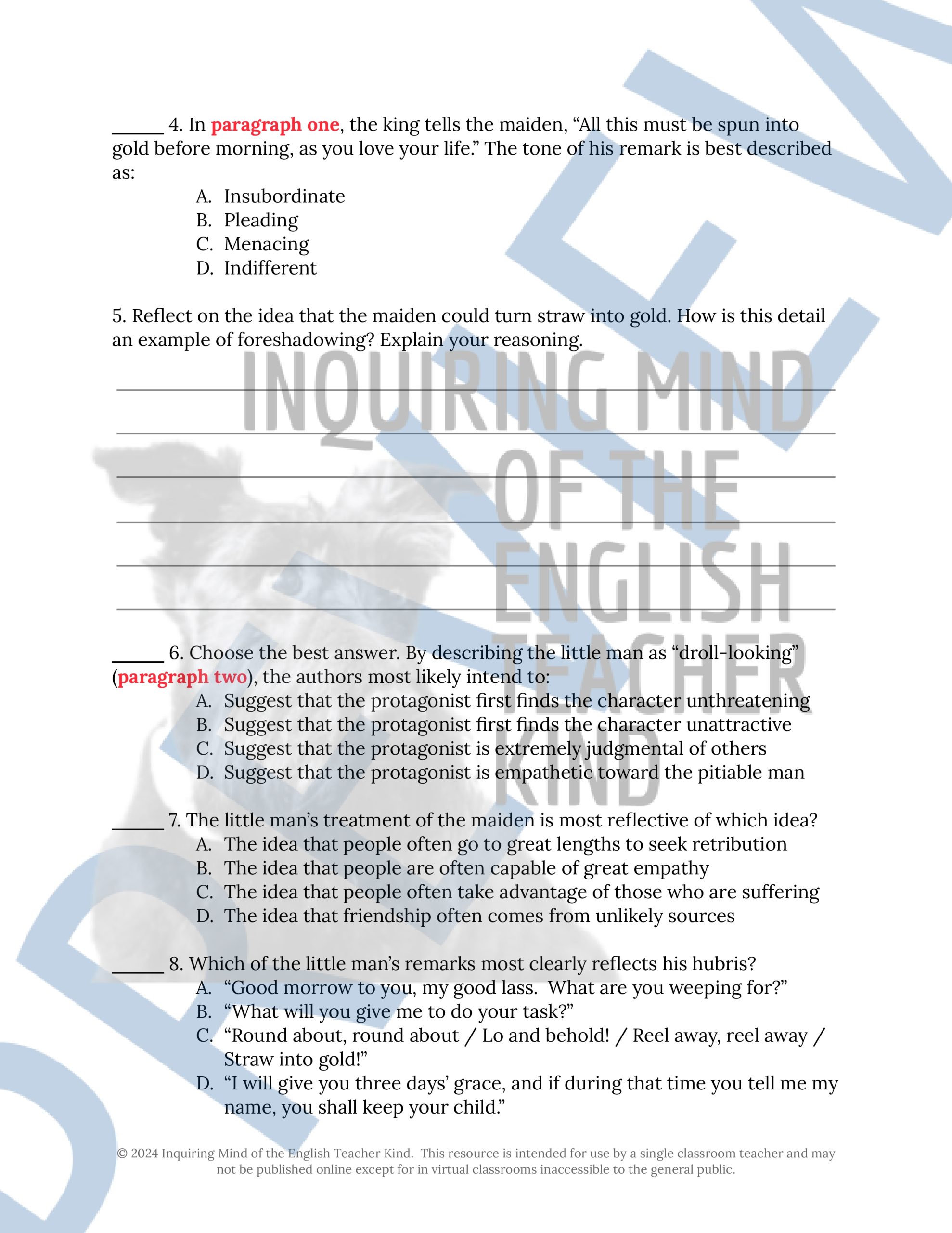 "Rumpelstiltskin" Close Reading Analysis Worksheet (Grimm's Fairy Tale ...