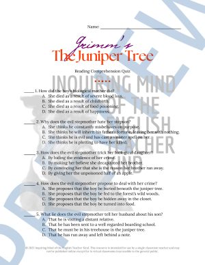 "The Juniper Tree" Quiz and Answer Key (Grimm's Fairy Tale | Halloween ...