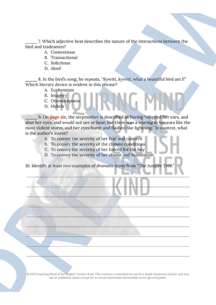 "The Juniper Tree" Close Reading Analysis Worksheet and Key (Grimm's ...