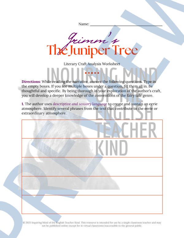 "The Juniper Tree" Literary Elements Activity (Grimm's Fairy Tale ...