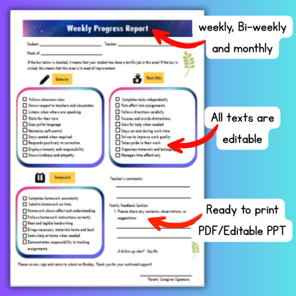 Editable SPACE theme Weekly,Bi-Weekly, Monthly Student Progress Report ...