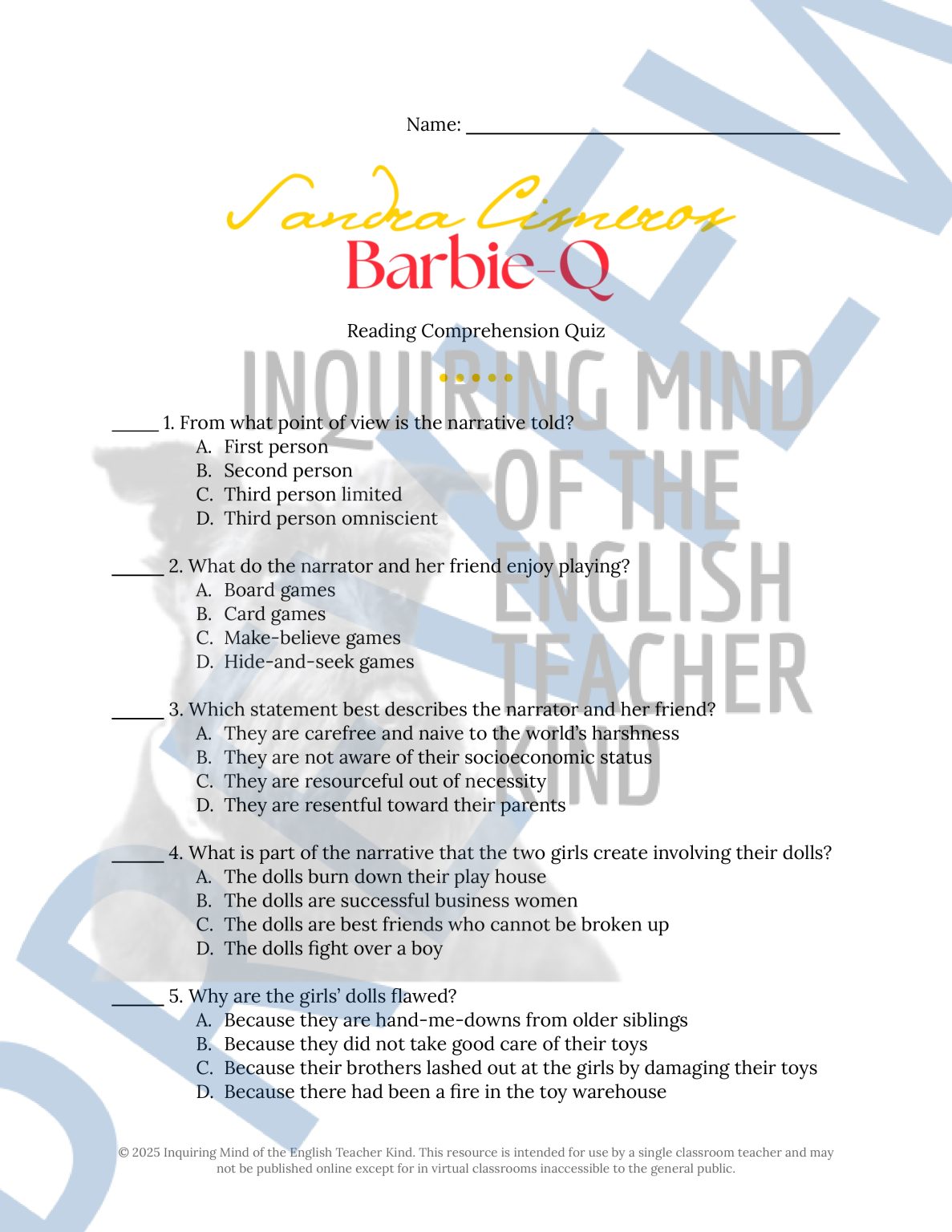 "Barbie-Q" by Sandra Cisneros Quiz, Analysis Worksheet, and Vocabulary ...