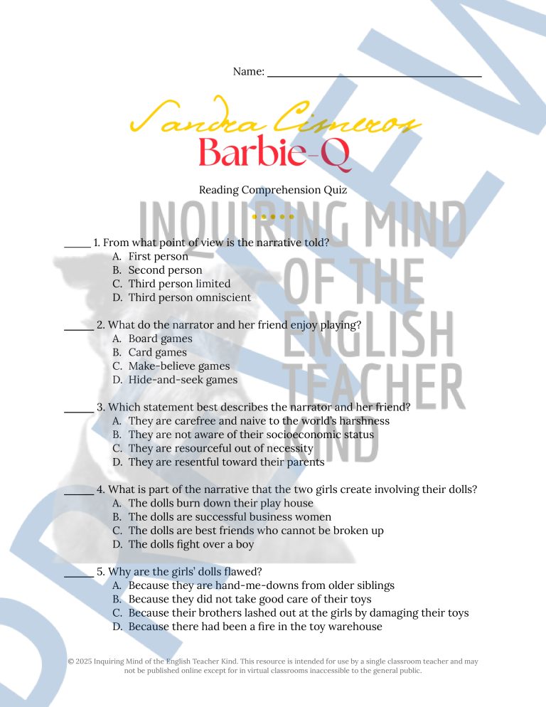 "Barbie-Q" by Sandra Cisneros Quiz, Analysis Worksheet, and Vocabulary ...