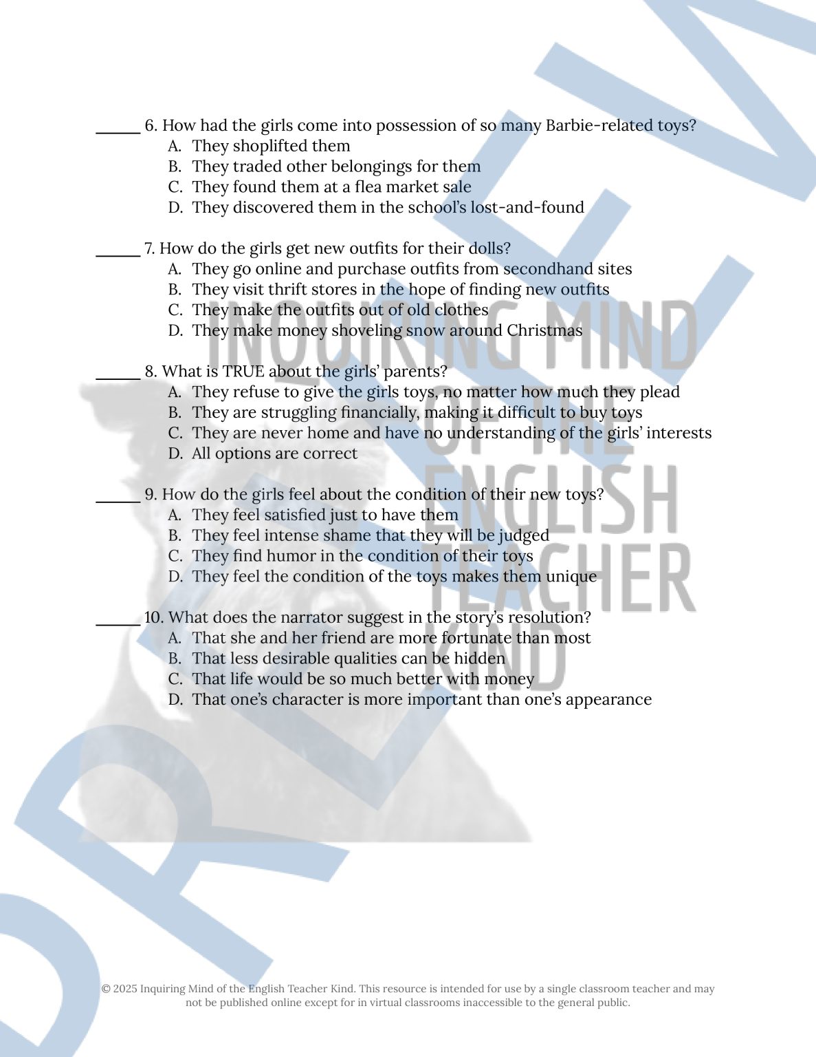 "Barbie-Q" by Sandra Cisneros Quiz, Analysis Worksheet, and Vocabulary ...