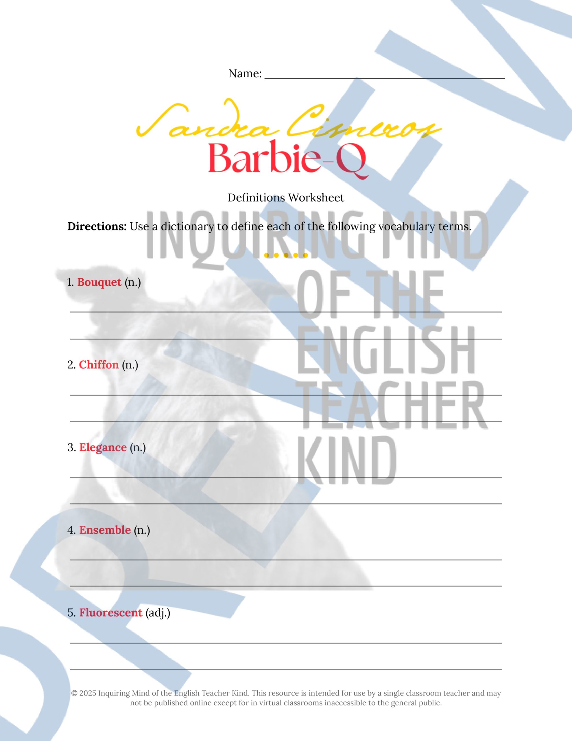 "Barbie-Q" by Sandra Cisneros Quiz, Analysis Worksheet, and Vocabulary ...