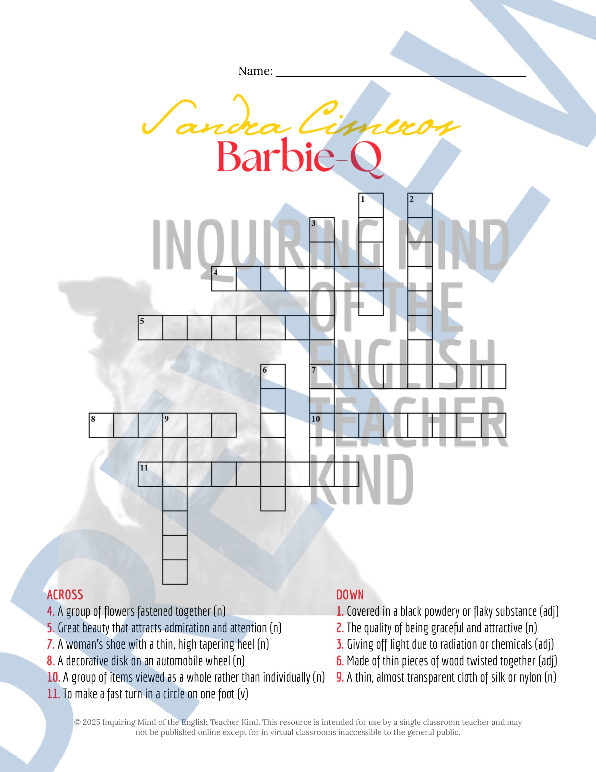 "Barbie-Q" by Sandra Cisneros Quiz, Analysis Worksheet, and Vocabulary ...