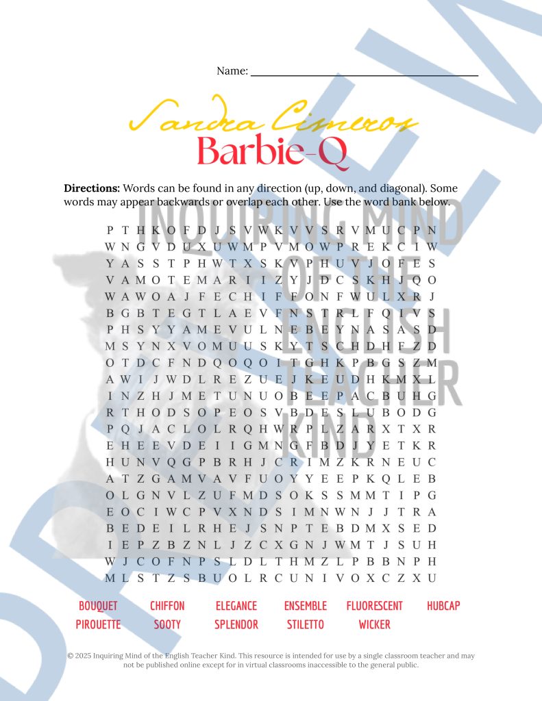 "Barbie-Q" by Sandra Cisneros Quiz, Analysis Worksheet, and Vocabulary ...