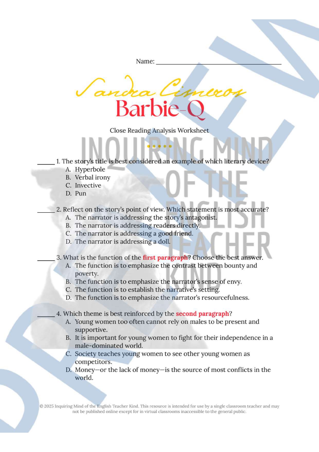 "Barbie-Q" by Sandra Cisneros Quiz, Analysis Worksheet, and Vocabulary ...