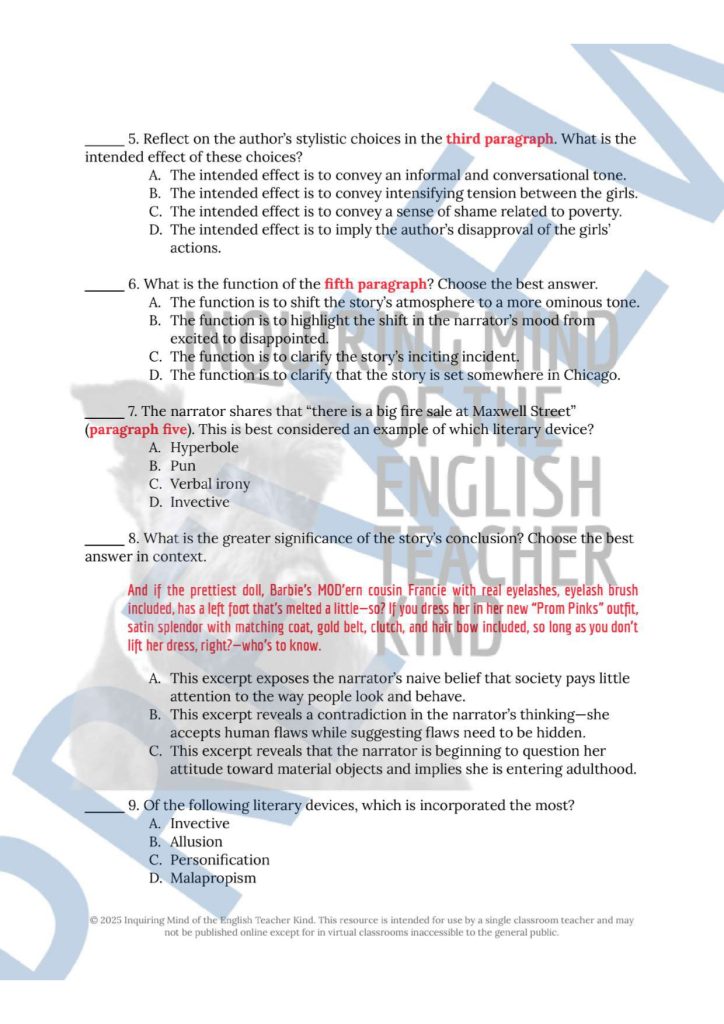 "Barbie-Q" by Sandra Cisneros Quiz, Analysis Worksheet, and Vocabulary ...