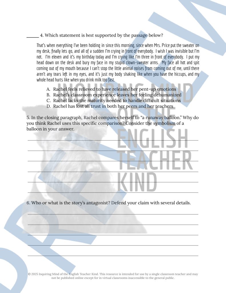 "Eleven" by Sandra Cisneros Literary Analysis Worksheet and Answer Key ...