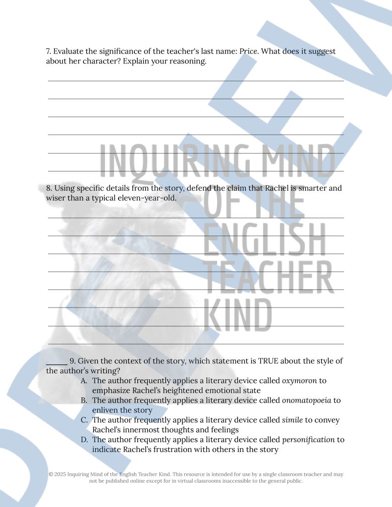 "Eleven" by Sandra Cisneros Literary Analysis Worksheet and Answer Key ...