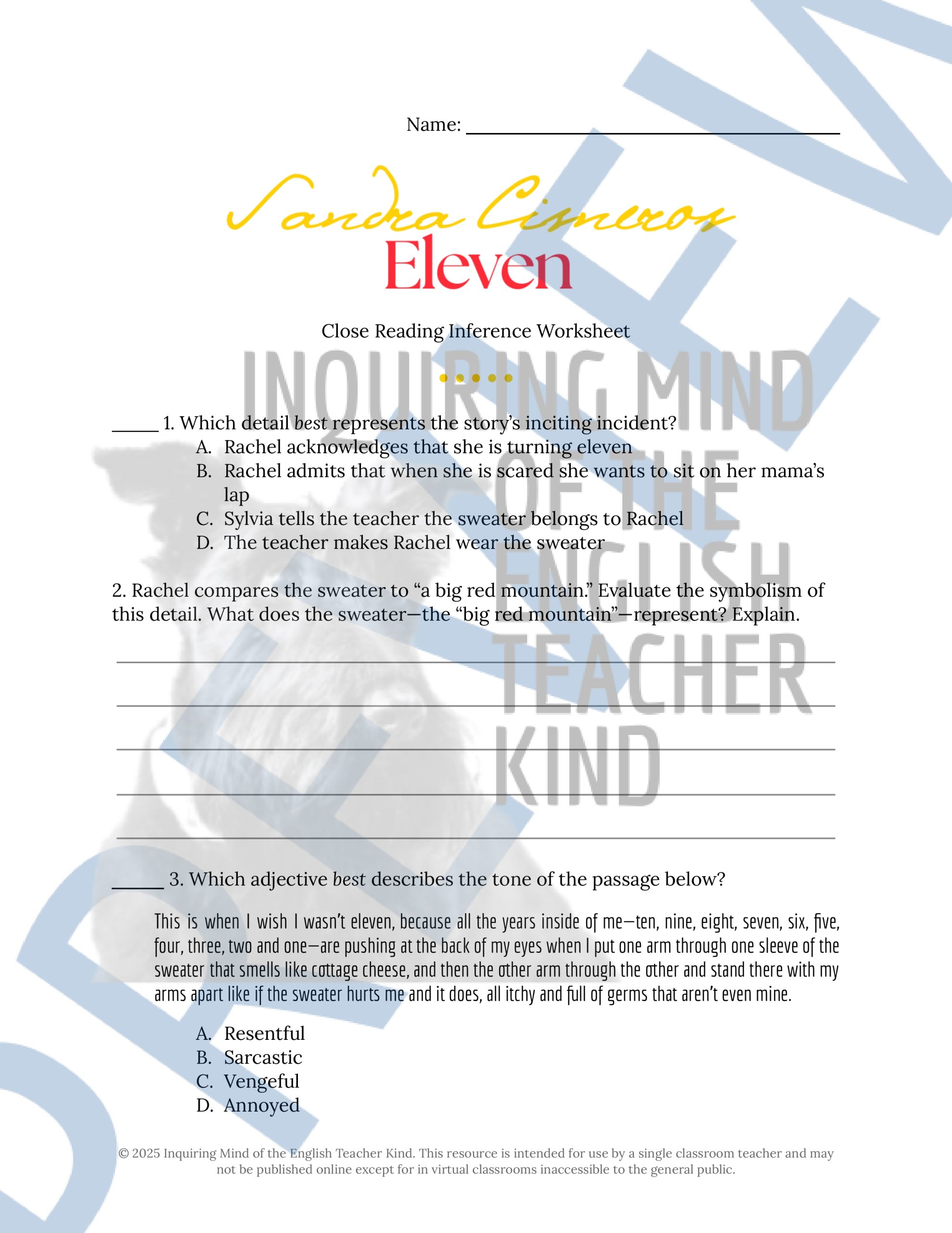 "Eleven" by Sandra Cisneros Quiz, Literary Analysis Worksheet, and ...