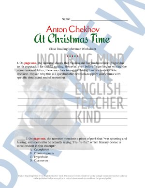 "At Christmas Time" by Anton Chekhov Analysis Worksheet | World ...