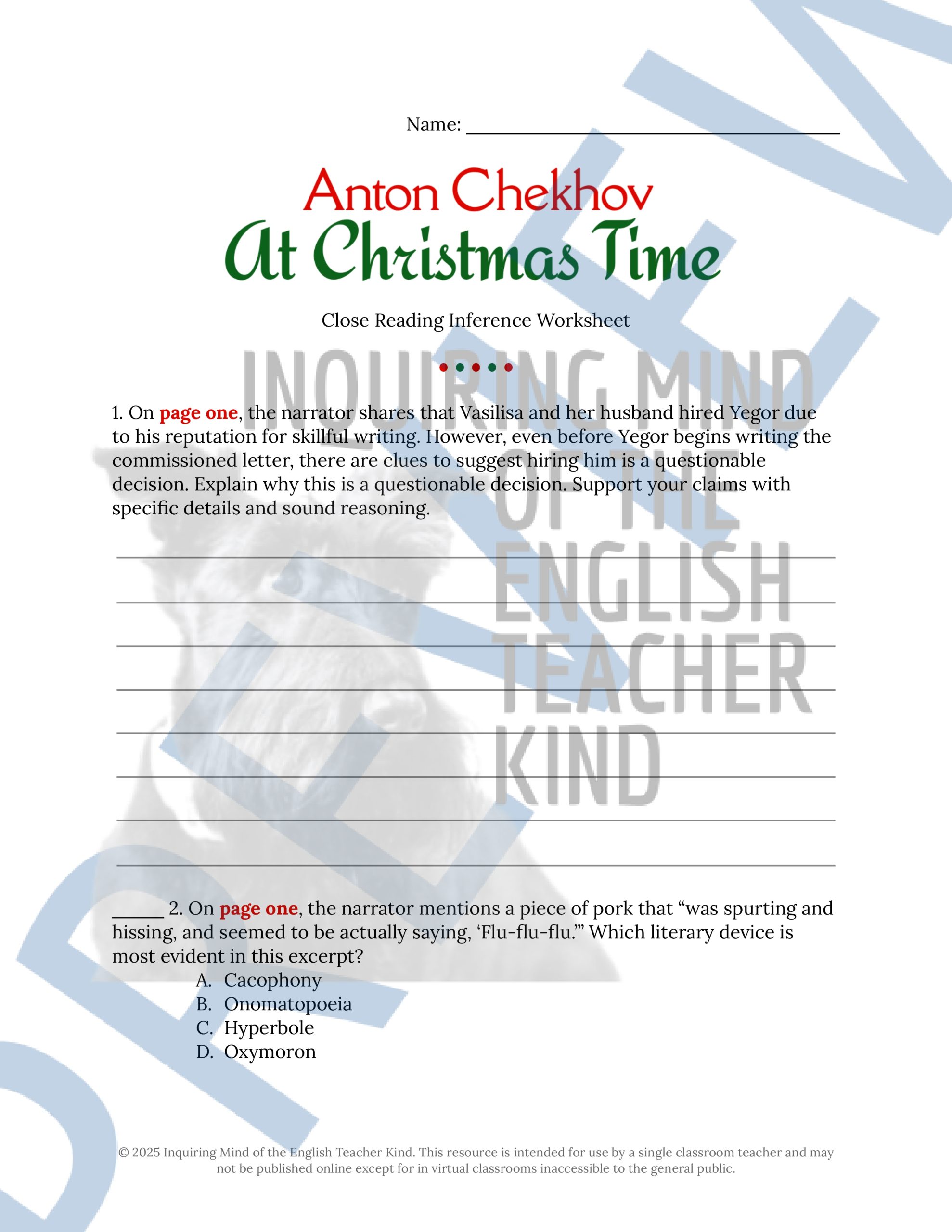 "At Christmas Time" by Anton Chekhov Analysis Worksheet | World ...