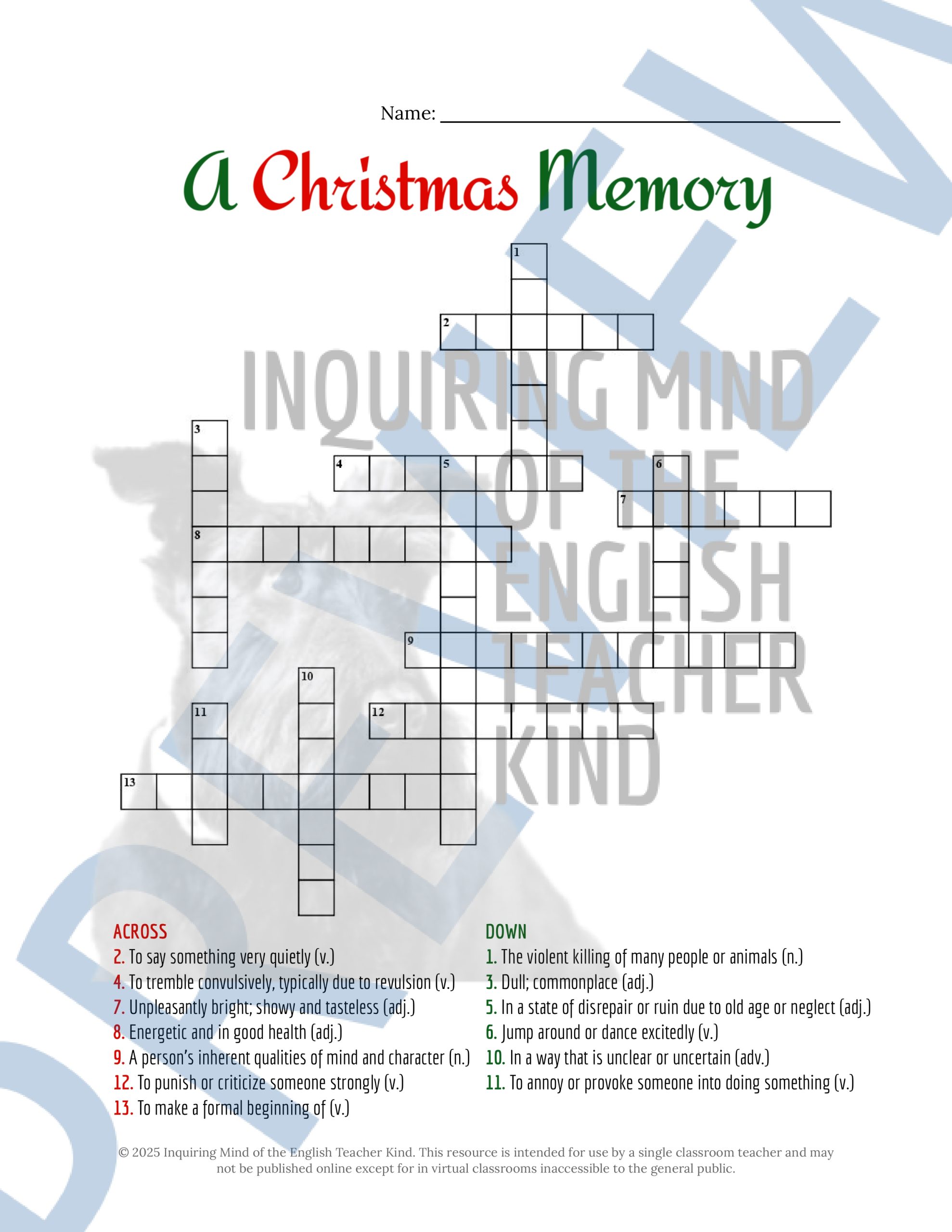 "A Christmas Memory" by Truman Capote Vocabulary Games | American ...