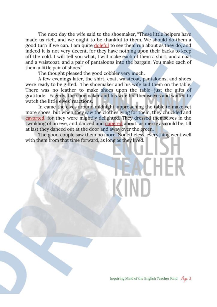 "The Elves and the Shoemaker" Literary Analysis Worksheet | Grimm's ...