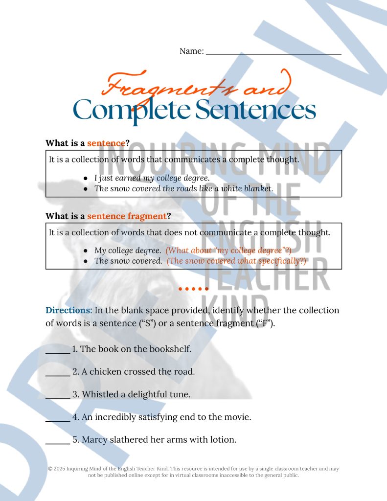 Grammar Practice Review Worksheet on Complete Sentences and Fragments ...