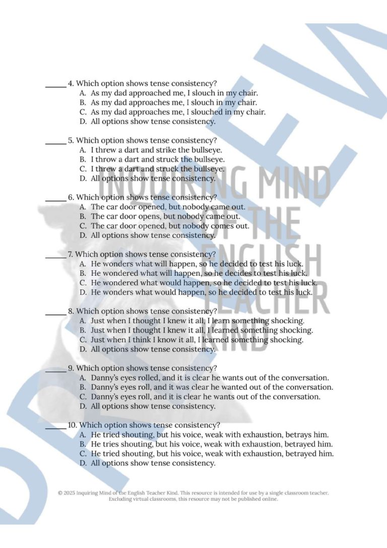 High School Grammar Practice Worksheet on Resolving Verb Tense Shifts ...