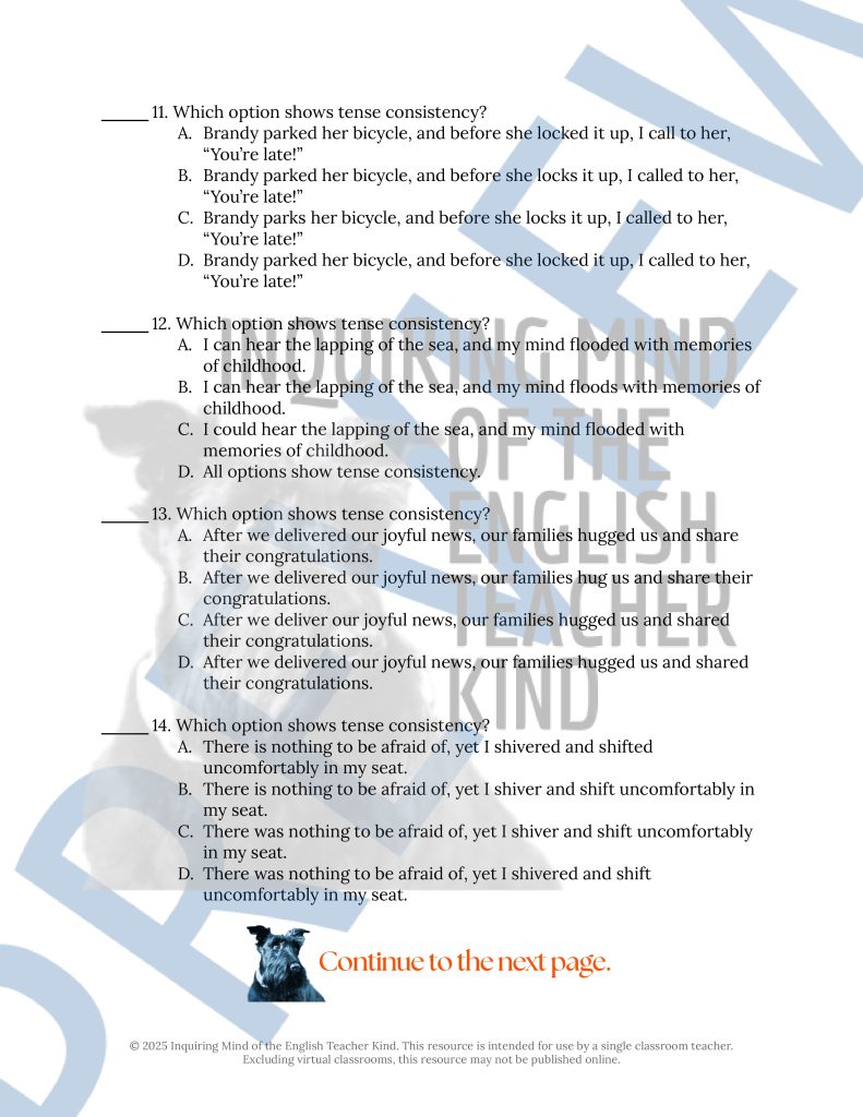 High School Grammar Practice Worksheet on Resolving Verb Tense Shifts ...