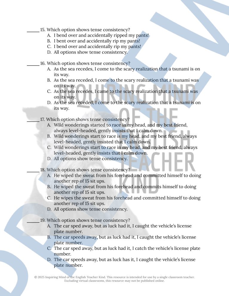 High School Grammar Practice Worksheet on Resolving Verb Tense Shifts ...
