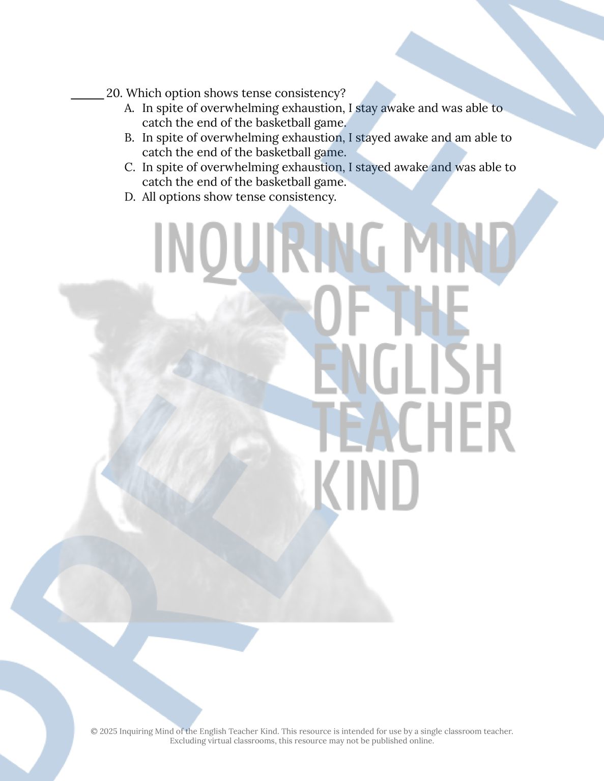 High School Grammar Practice Worksheet on Resolving Verb Tense Shifts ...