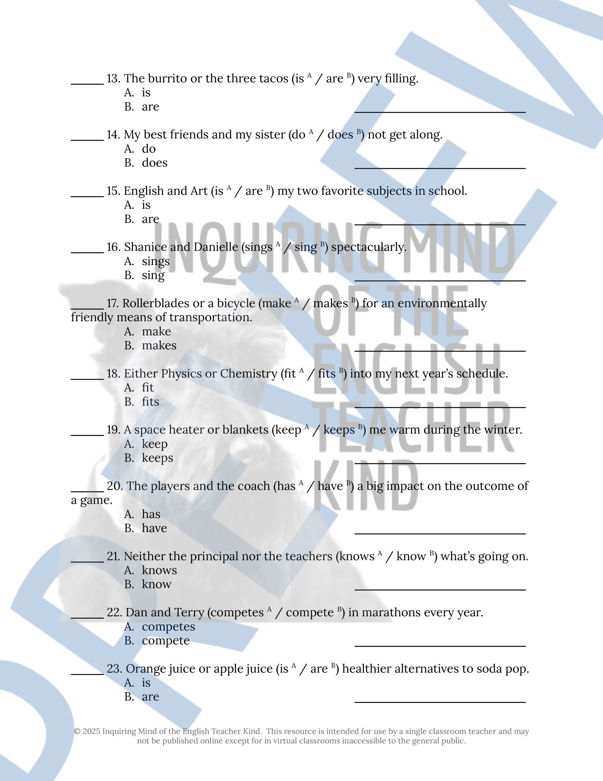 Grammar Review Worksheet on Compound Subjects and Verb Agreement | High ...