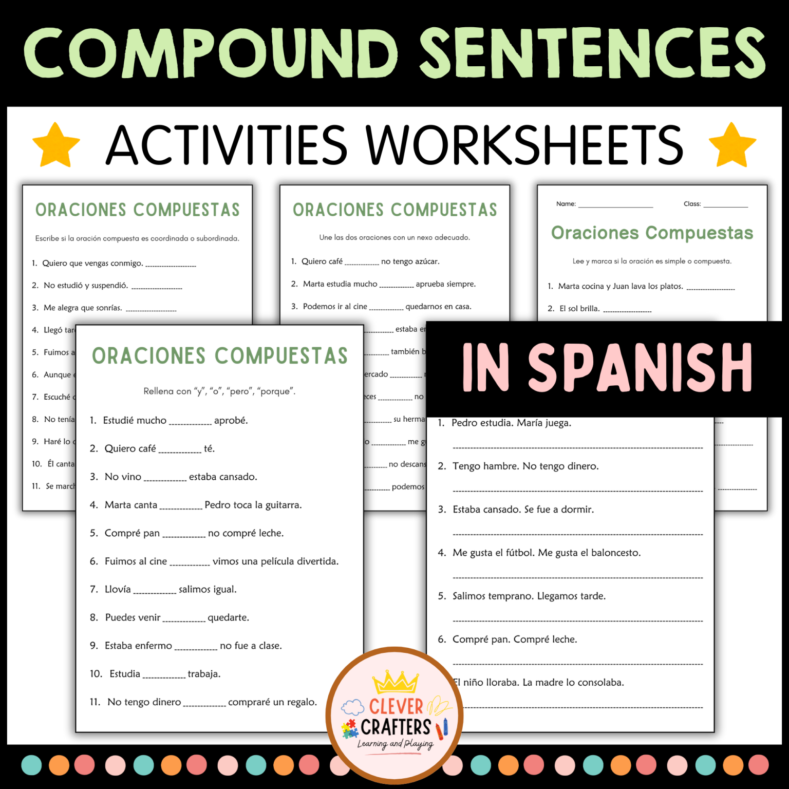 Compound Sentences Grammar Worksheets in Spanish - Oraciones Compuestas ...