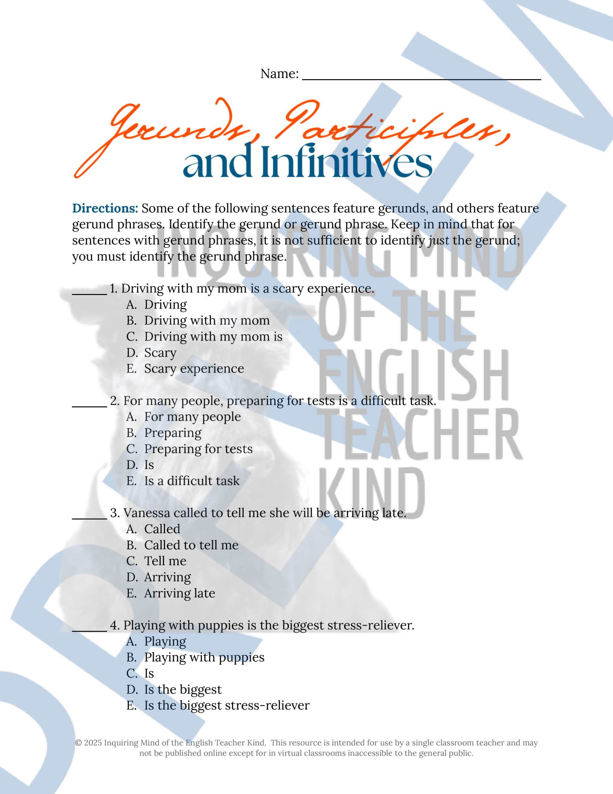 Grammar Practice Worksheet on Gerunds, Participles, and Infinitives ...