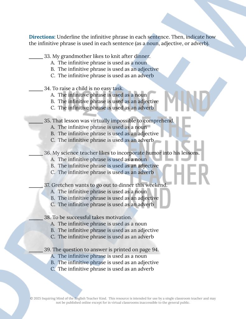 Grammar Practice Worksheet on Gerunds, Participles, and Infinitives ...