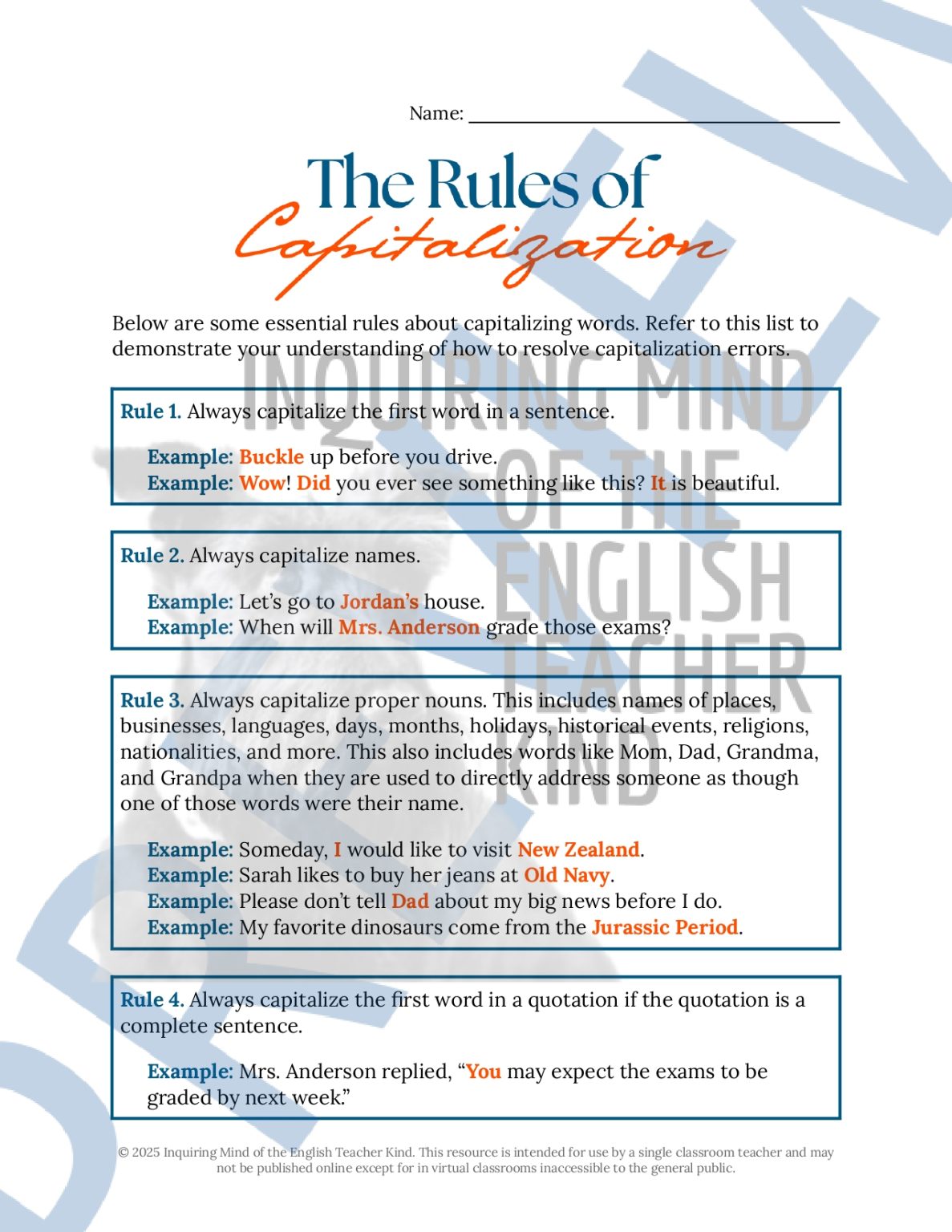 Grammar Review Practice Worksheet on Capitalization Errors | High ...