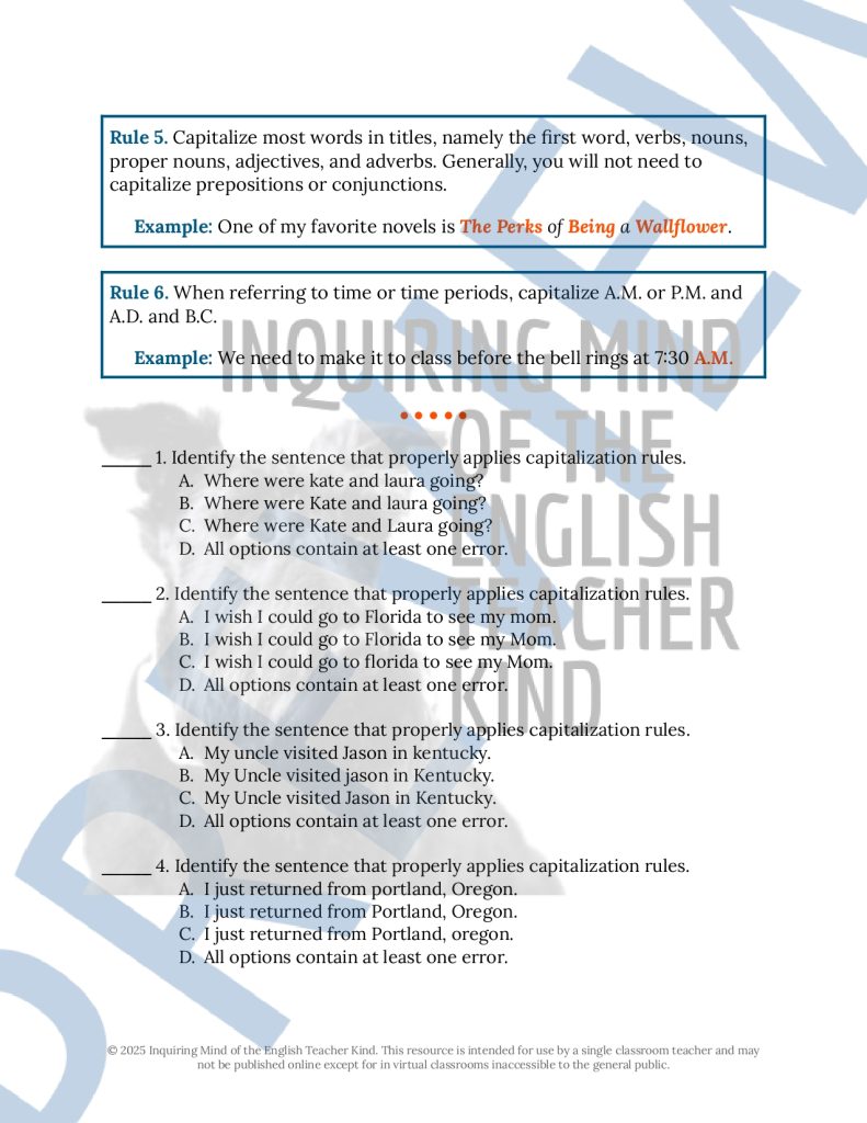 Grammar Review Practice Worksheet on Capitalization Errors | High ...