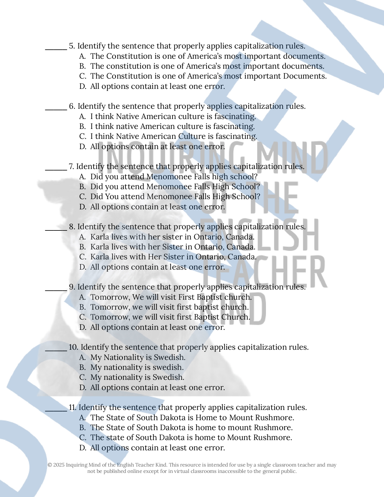 Grammar Review Practice Worksheet on Capitalization Errors | High ...