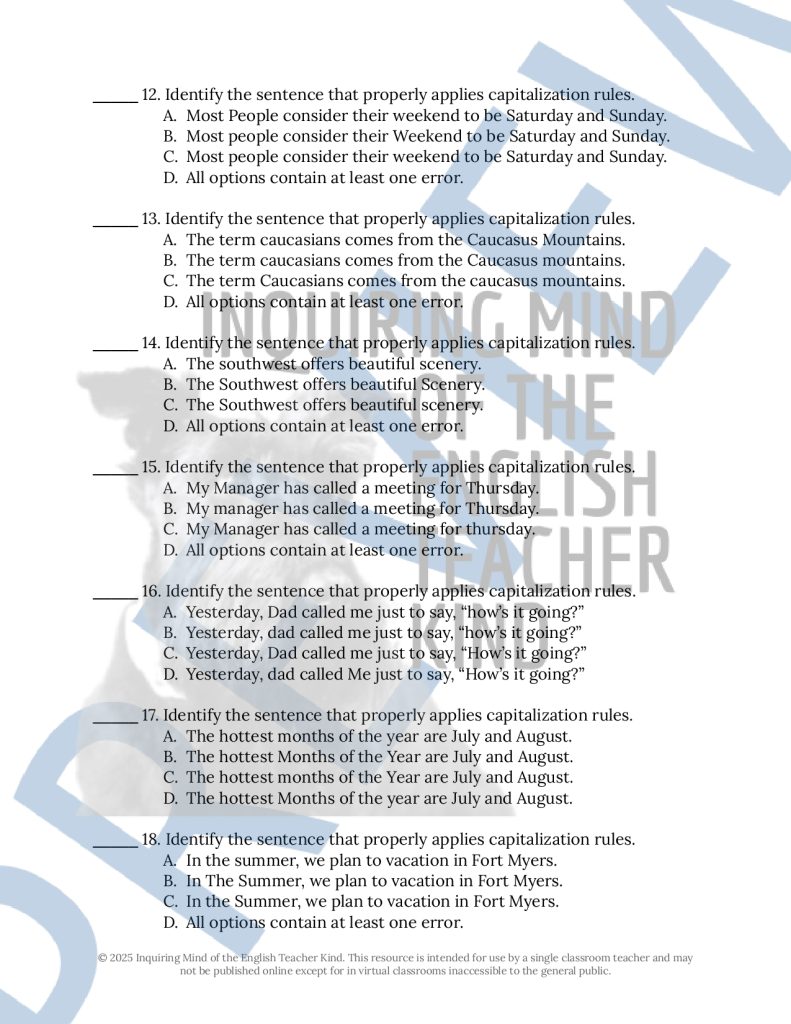 Grammar Review Practice Worksheet on Capitalization Errors | High ...