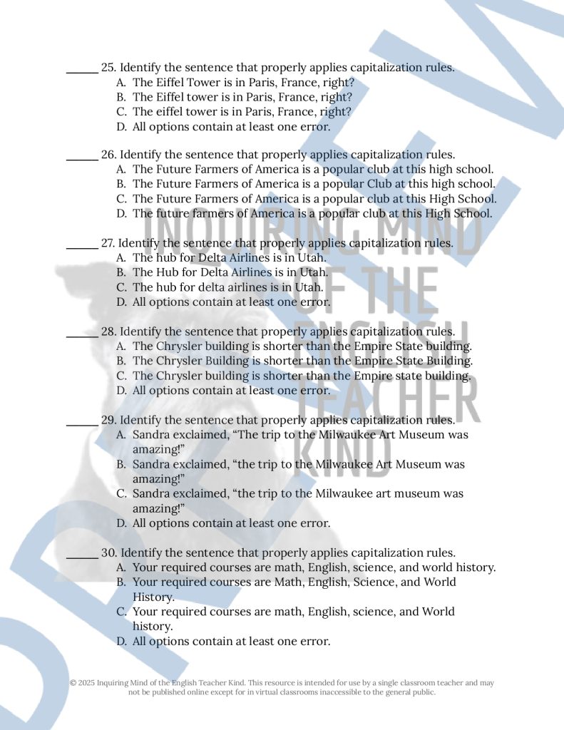 Grammar Review Practice Worksheet on Capitalization Errors | High ...