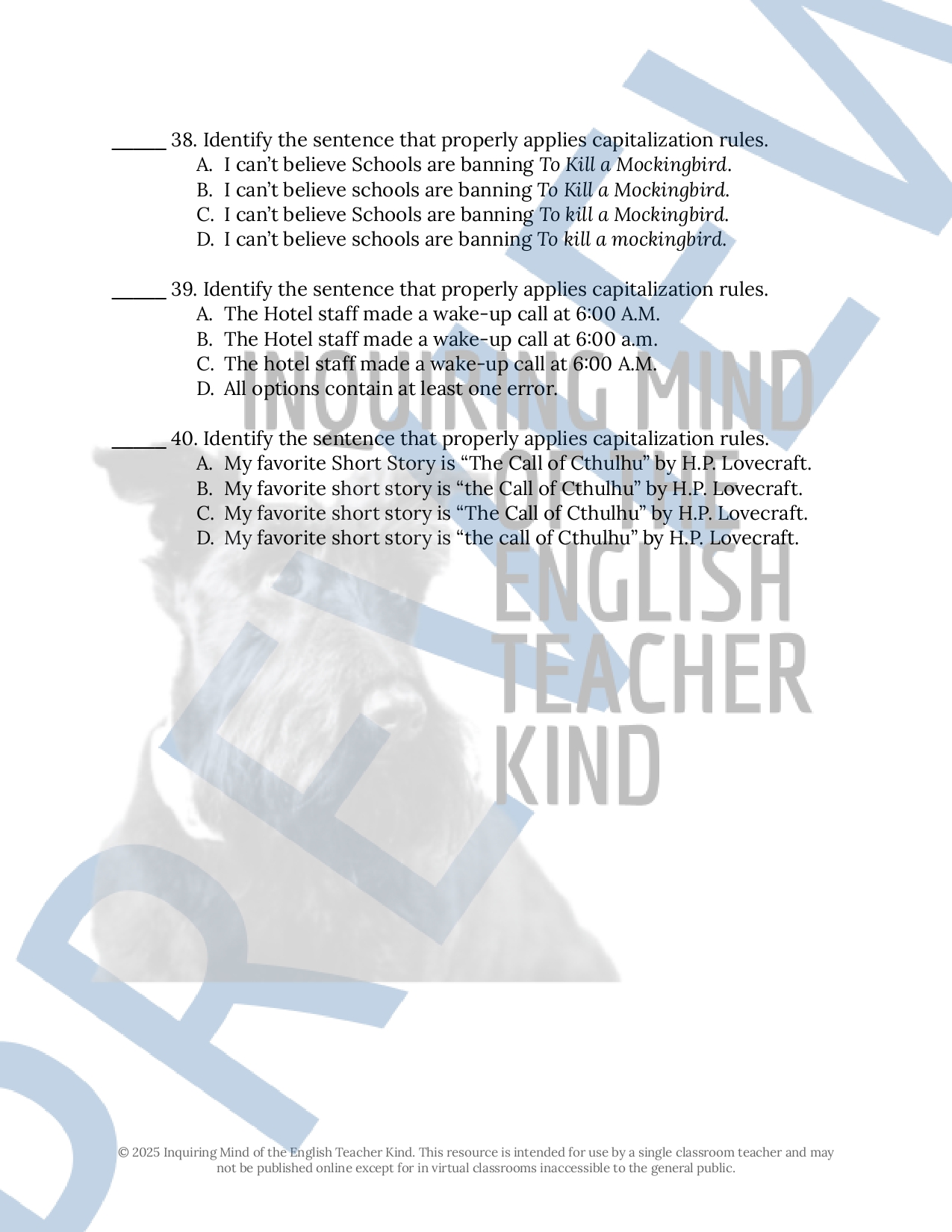 Grammar Review Practice Worksheet on Capitalization Errors | High ...