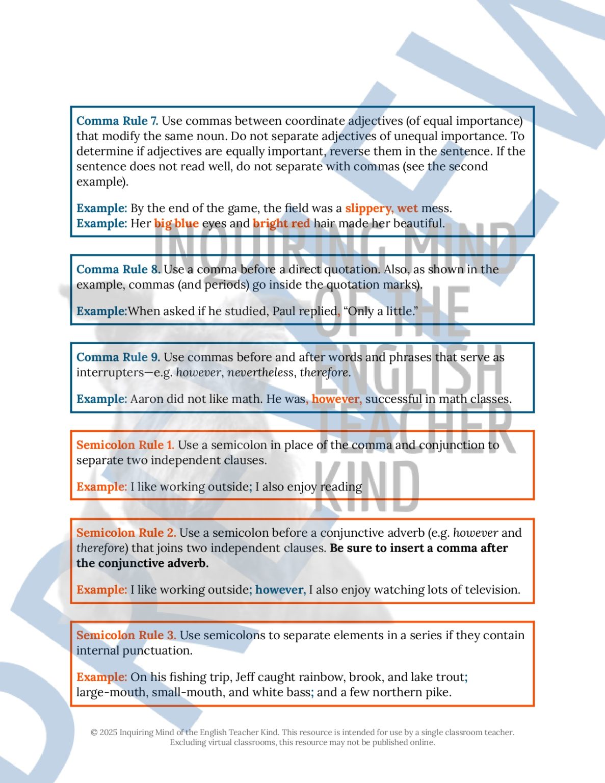 High School Grammar Review Packet on Commas, Conjunctions, Semicolons ...