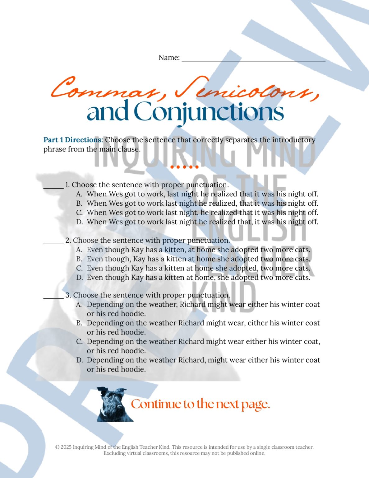 High School Grammar Review Packet on Commas, Conjunctions, Semicolons ...