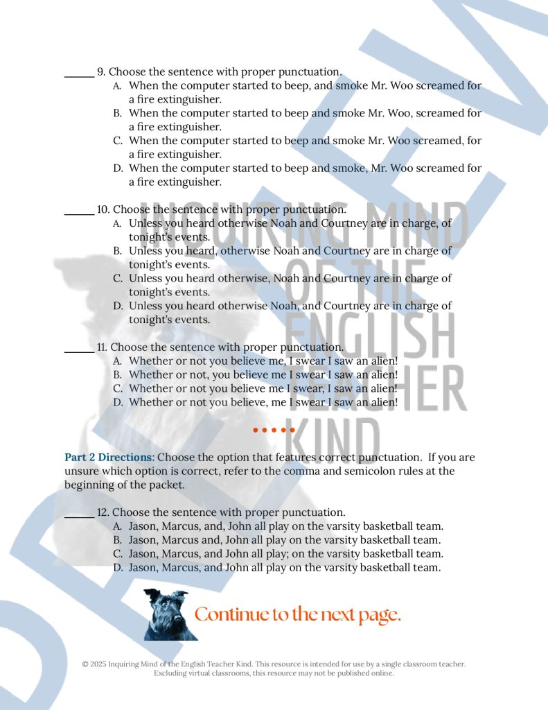 High School Grammar Review Packet on Commas, Conjunctions, Semicolons ...