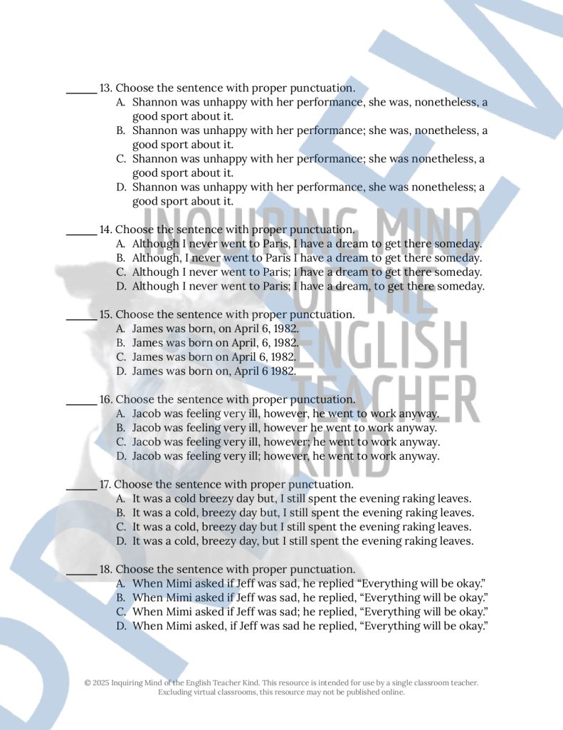 High School Grammar Review Packet on Commas, Conjunctions, Semicolons ...