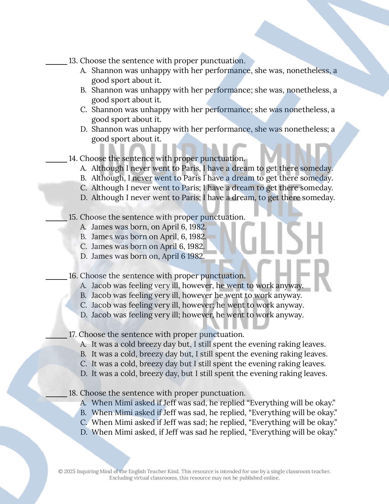 High School Grammar Review Packet on Commas, Conjunctions, Semicolons ...