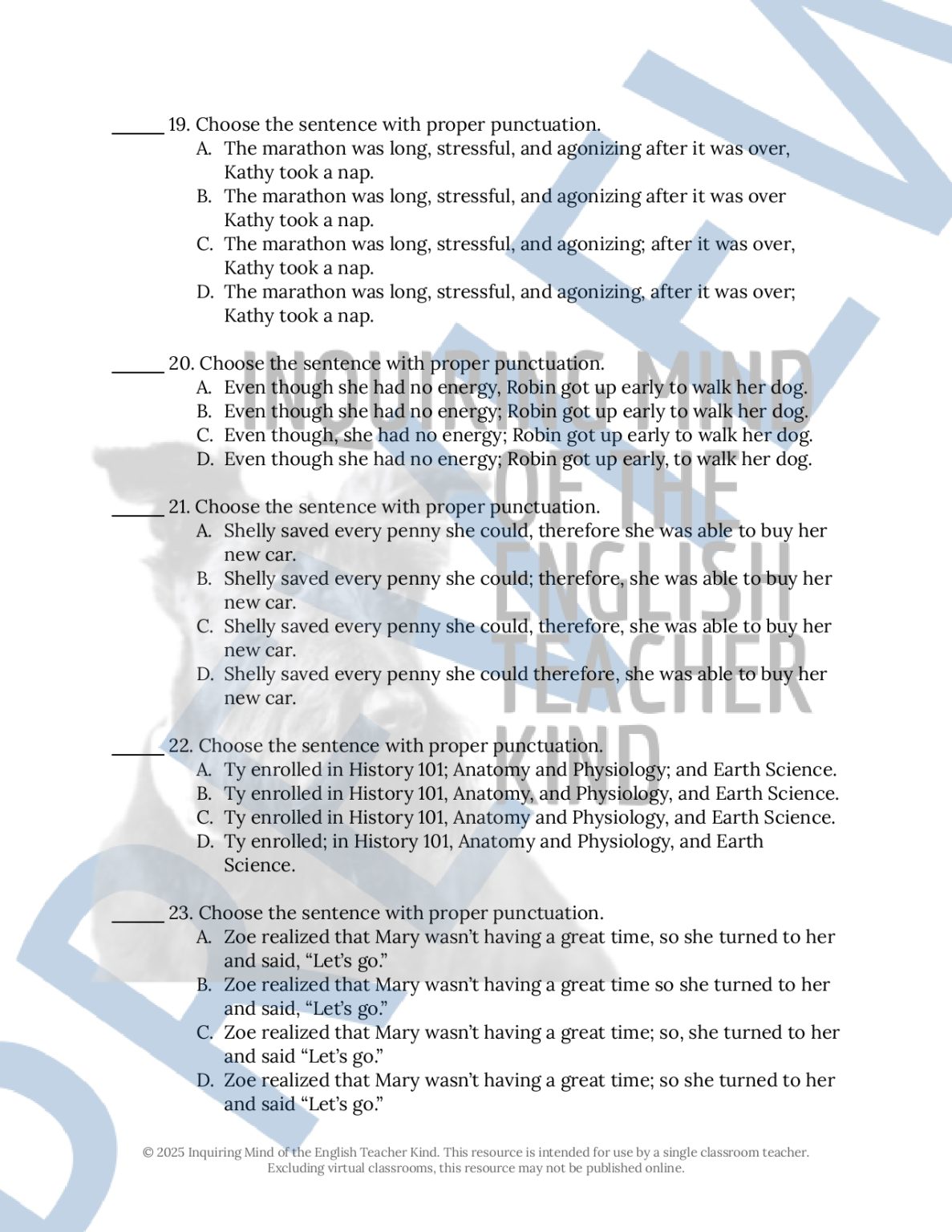 High School Grammar Review Packet on Commas, Conjunctions, Semicolons ...