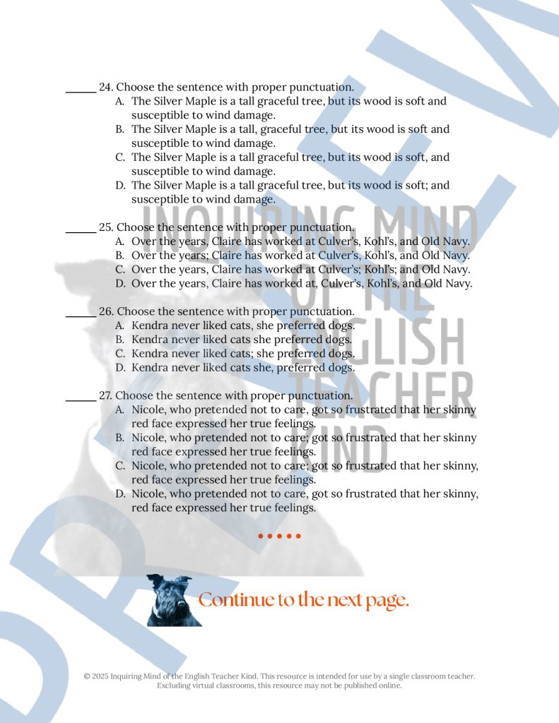 High School Grammar Review Packet on Commas, Conjunctions, Semicolons ...