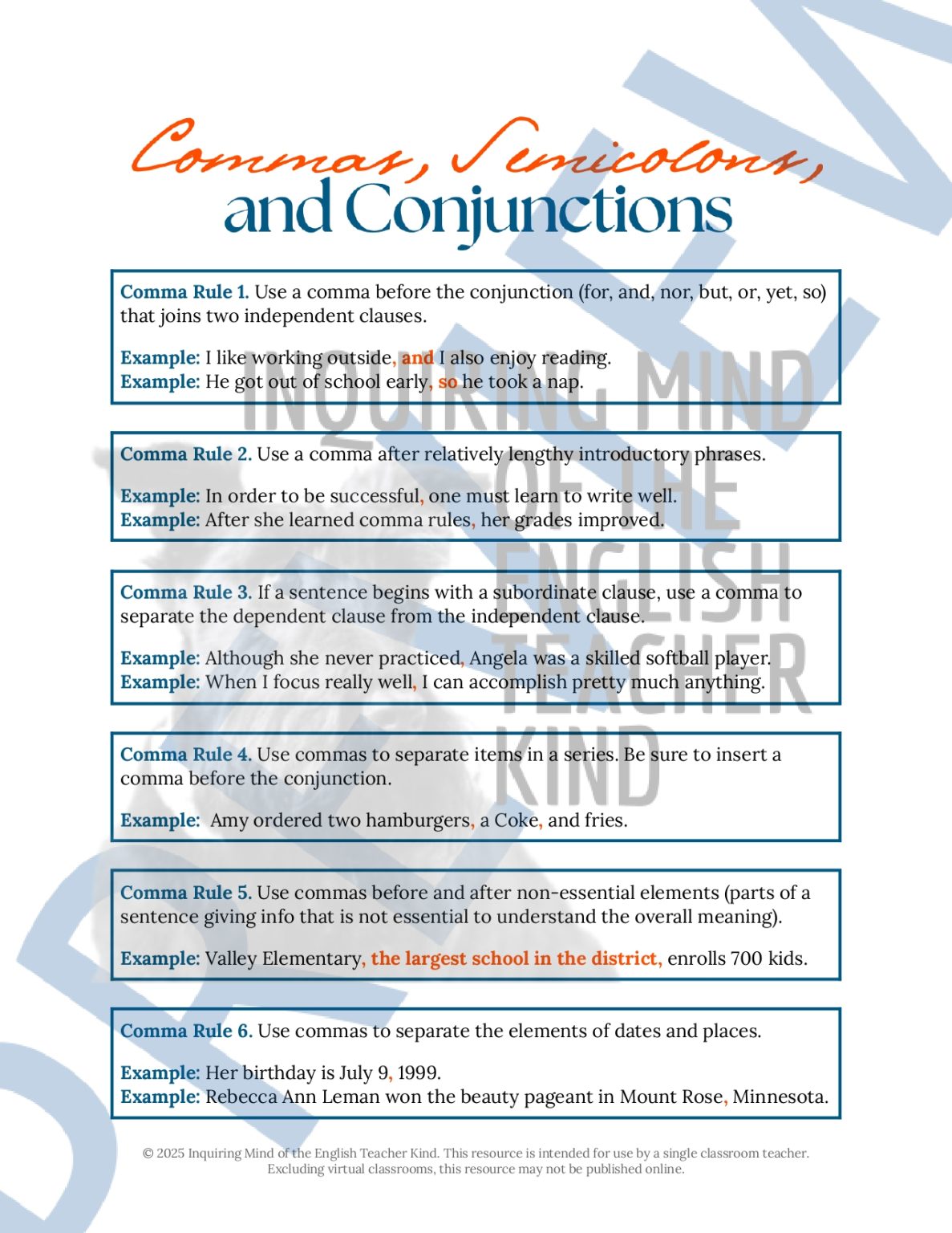High School Grammar Review Packet on Commas, Conjunctions, Semicolons ...