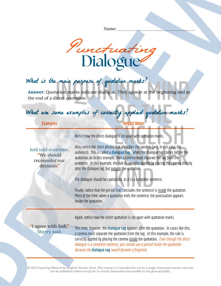 Grammar Review Practice Worksheet on Quotations and Punctuation Marks ...
