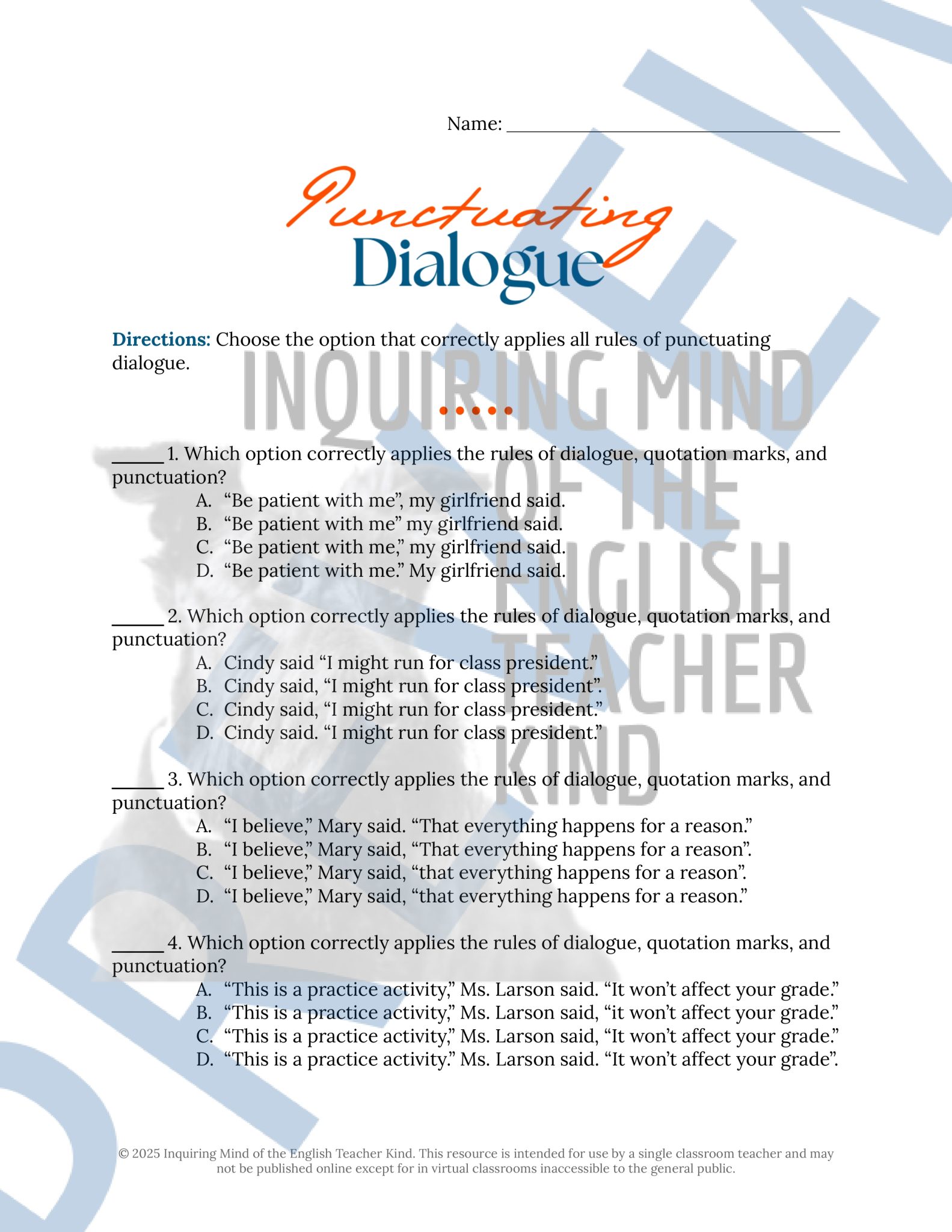 Grammar Review Practice Worksheet on Quotations and Punctuation Marks ...