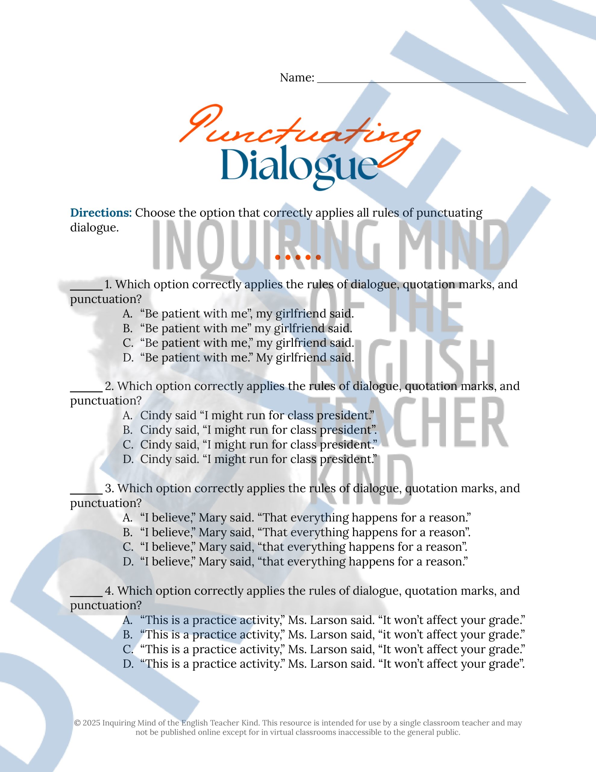 Grammar Review Practice Worksheet on Quotations and Punctuation Marks ...